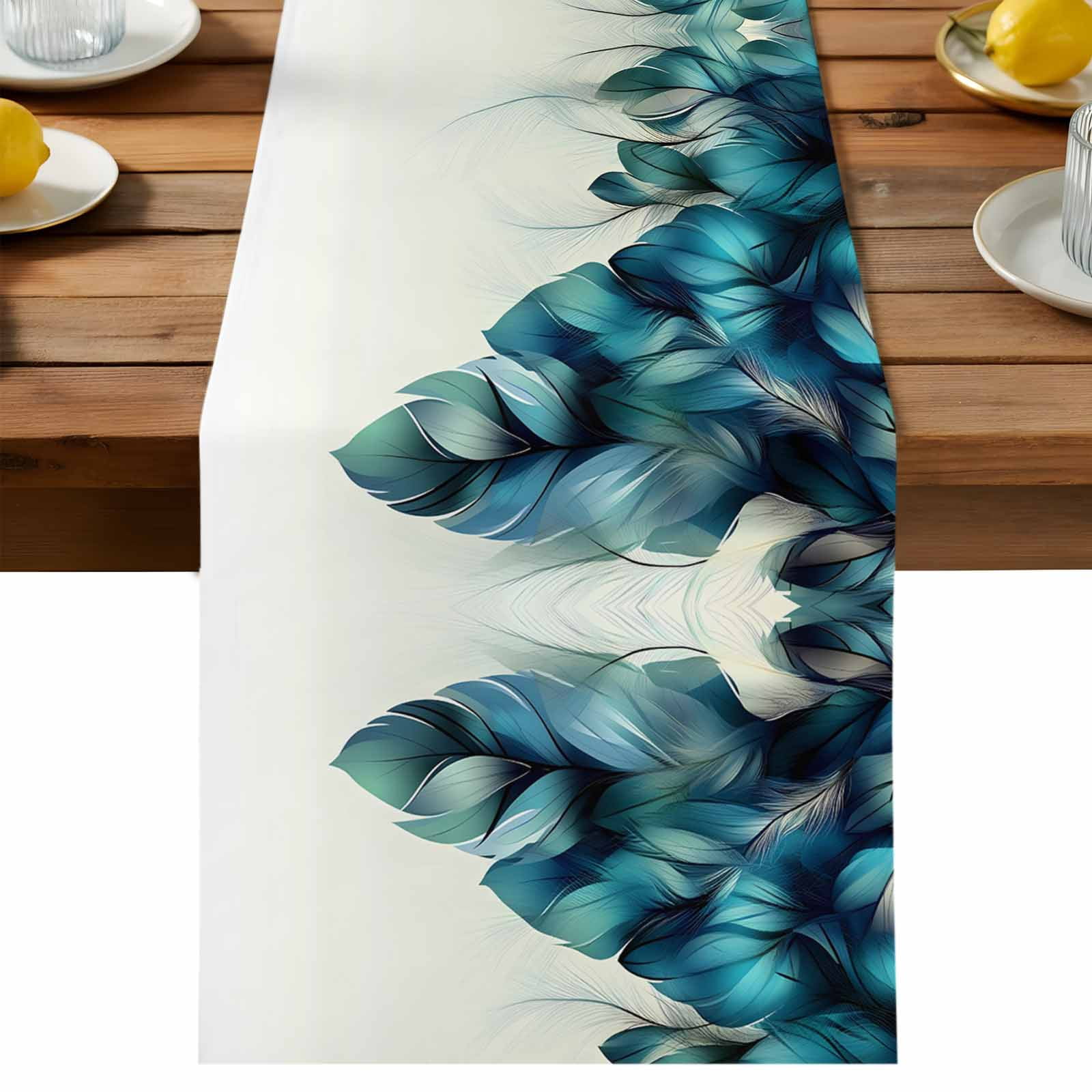 Abstract Art Table Runner, Soft Edge Green Feather Decoration Cotton ...
