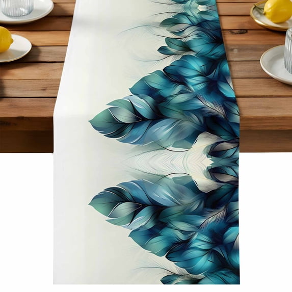 Abstract Art Table Runner, Soft Edge Green Feather Decoration Cotton ...