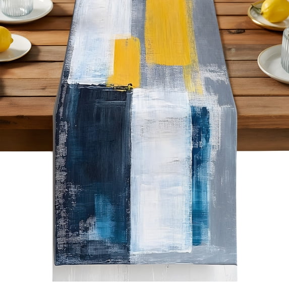 Abstract Art Table Runner, Yellow Grey Gradient Modern Art Cotton Linen ...