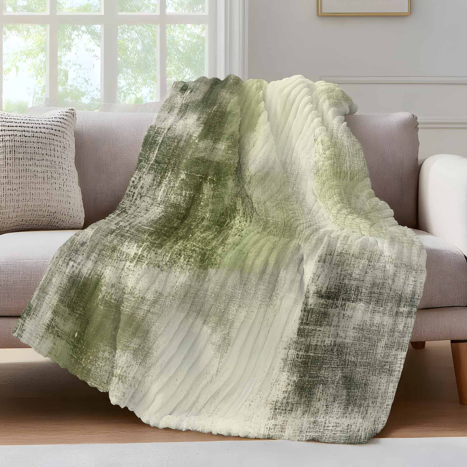 Abstract Art Throw Blanket for Couch Sage Green Retro Oil Painting ...