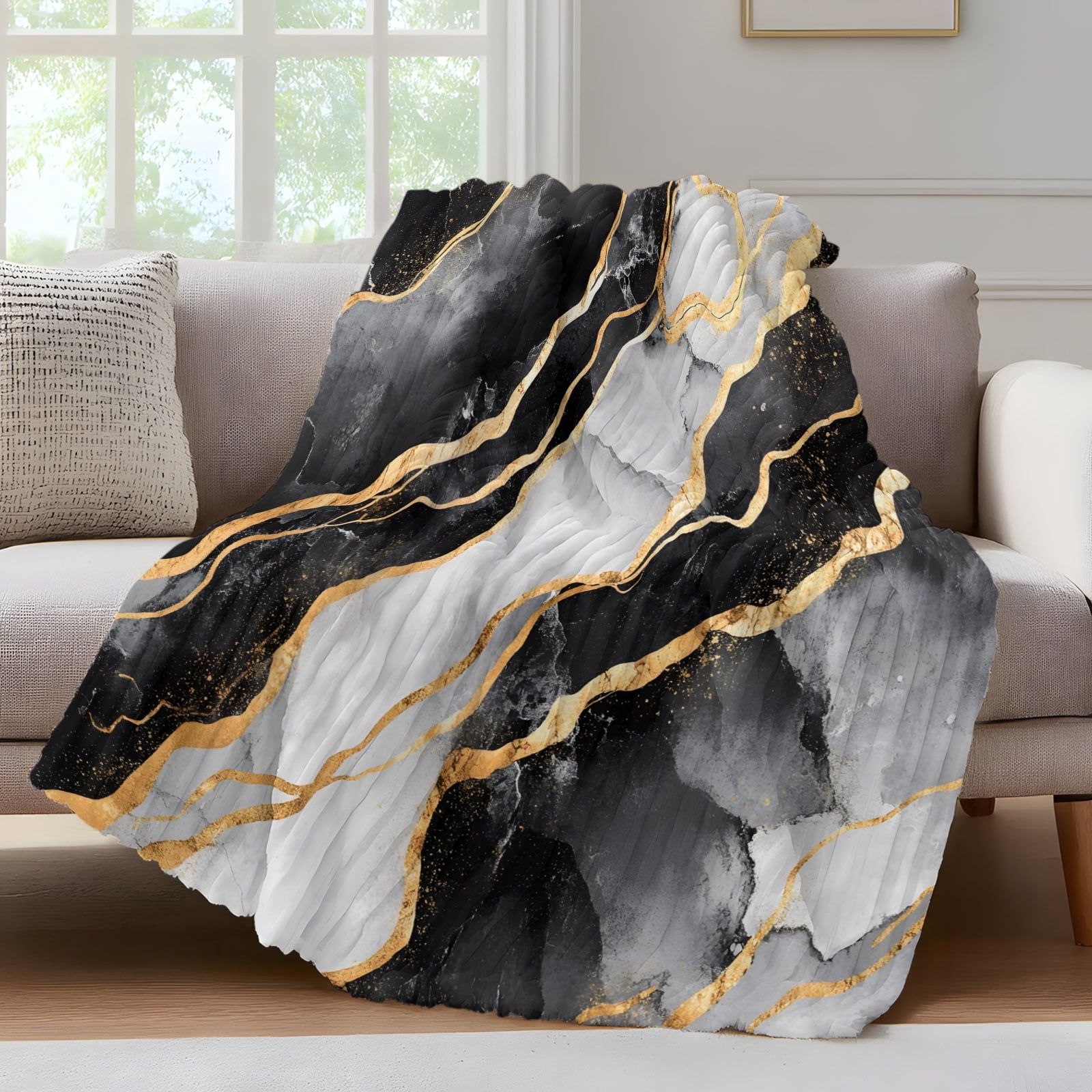 Abstract Art Throw Blanket for Couch White Black Gradient Marbling ...