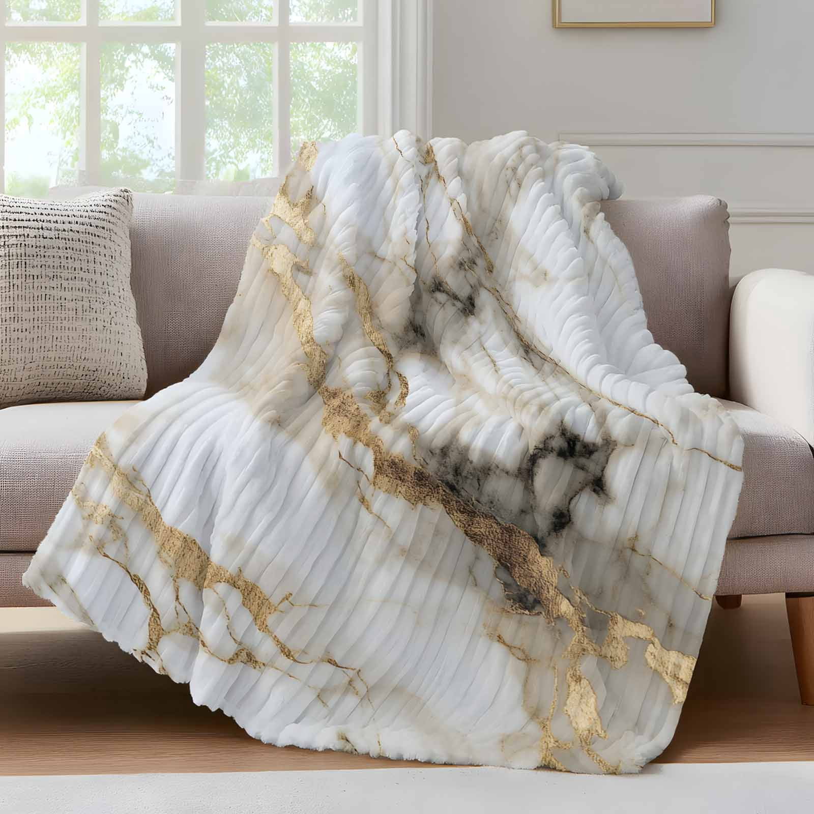 Abstract Art Throw Blanket for Couch White Marble Texture Gold Crack ...