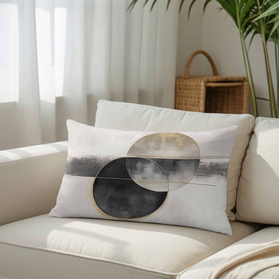 Abstract Art Throw Pillow Covers, Mottled Geometric Moon Black Gold ...