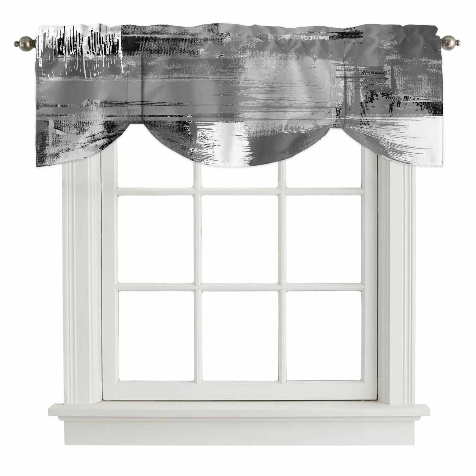 Abstract Art Tie Up Valance Curtains Gray White Mottled Color Block Oil ...