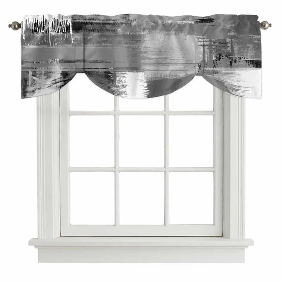 Abstract Art Tie Up Valance Curtains Gray White Mottled Color Block Oil ...