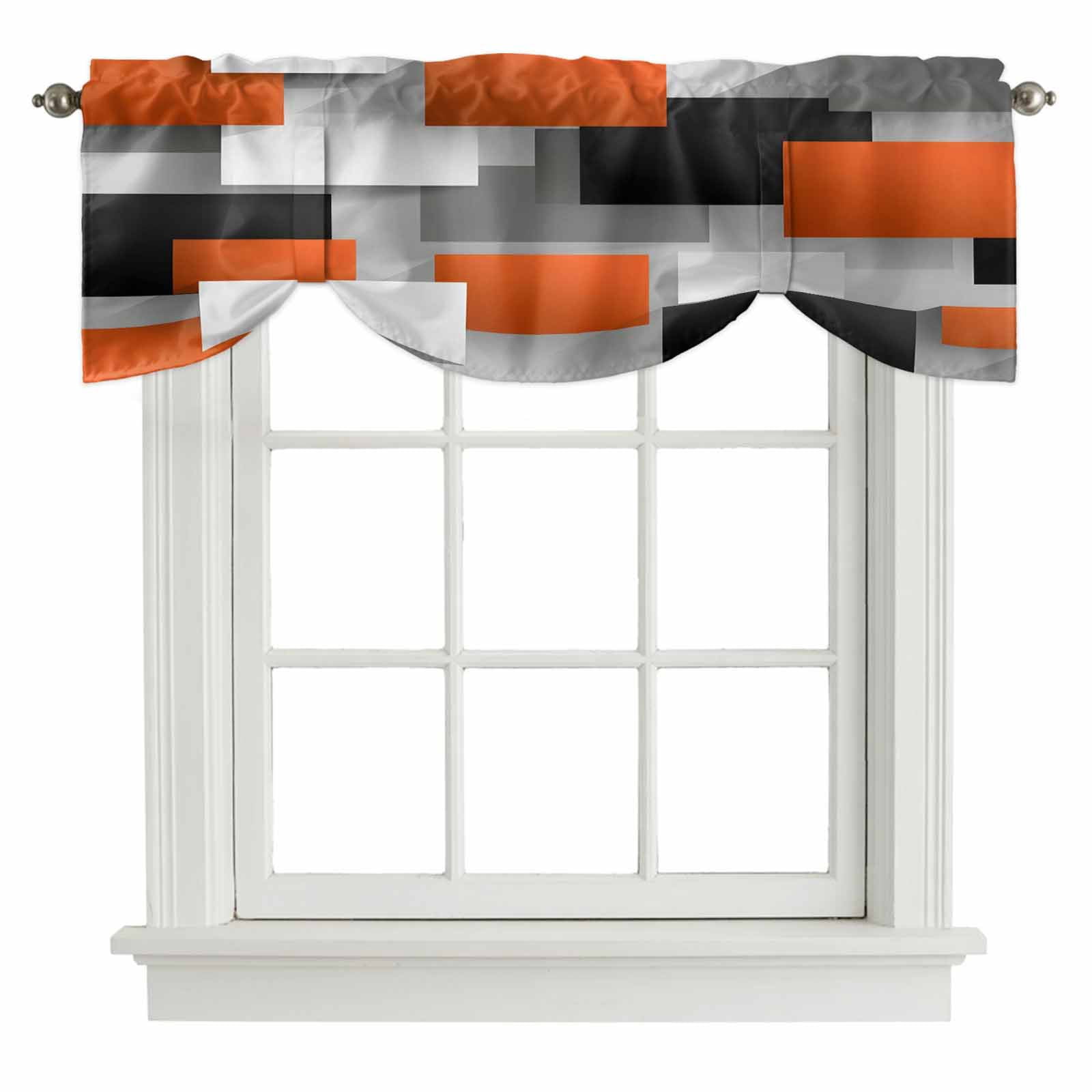 Abstract Art Tie Up Valance Curtains Orange Black Gray Geometric ...