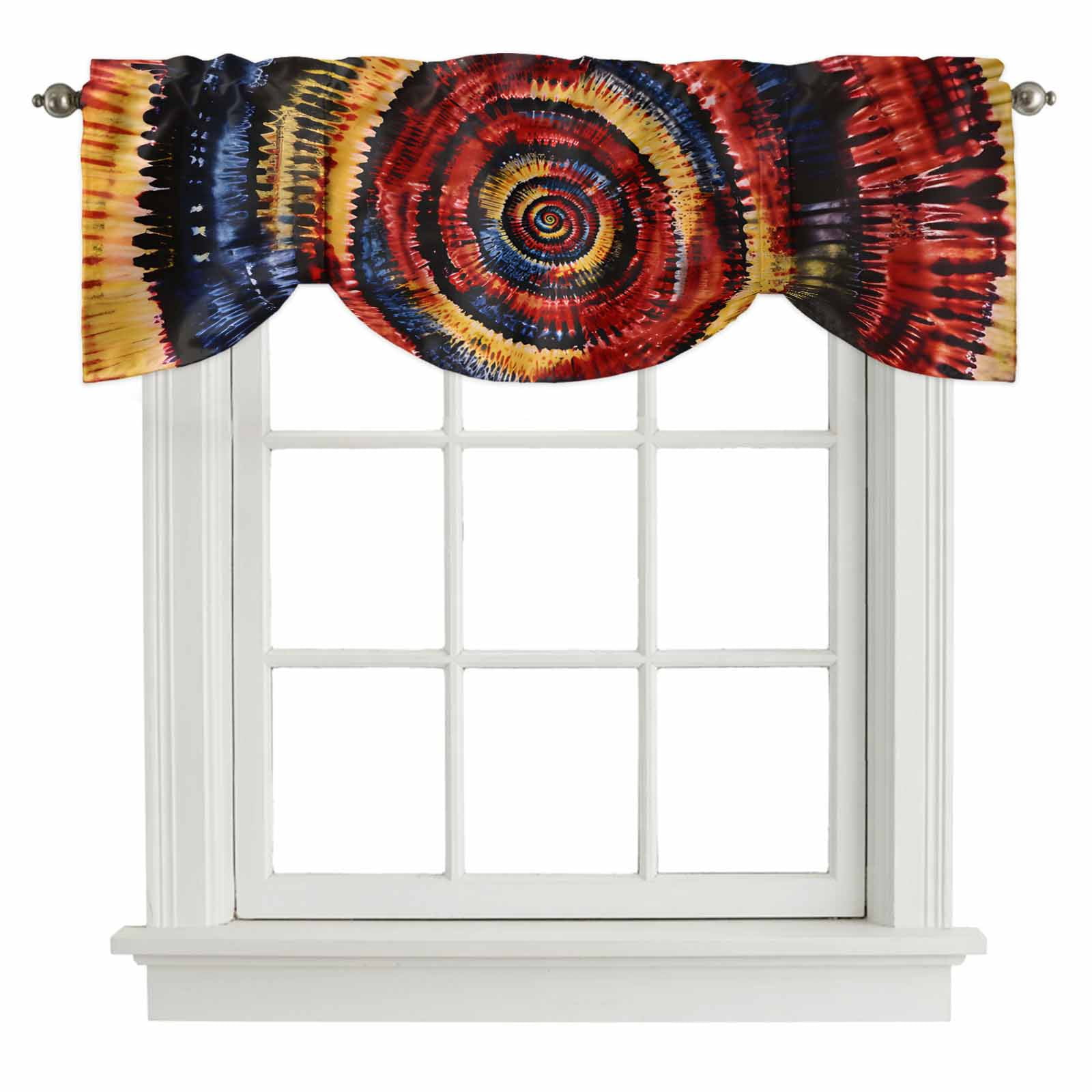 Abstract Art Tie Up Valance Curtains Red Navy Yellow Tie-Dye Art Ethnic ...