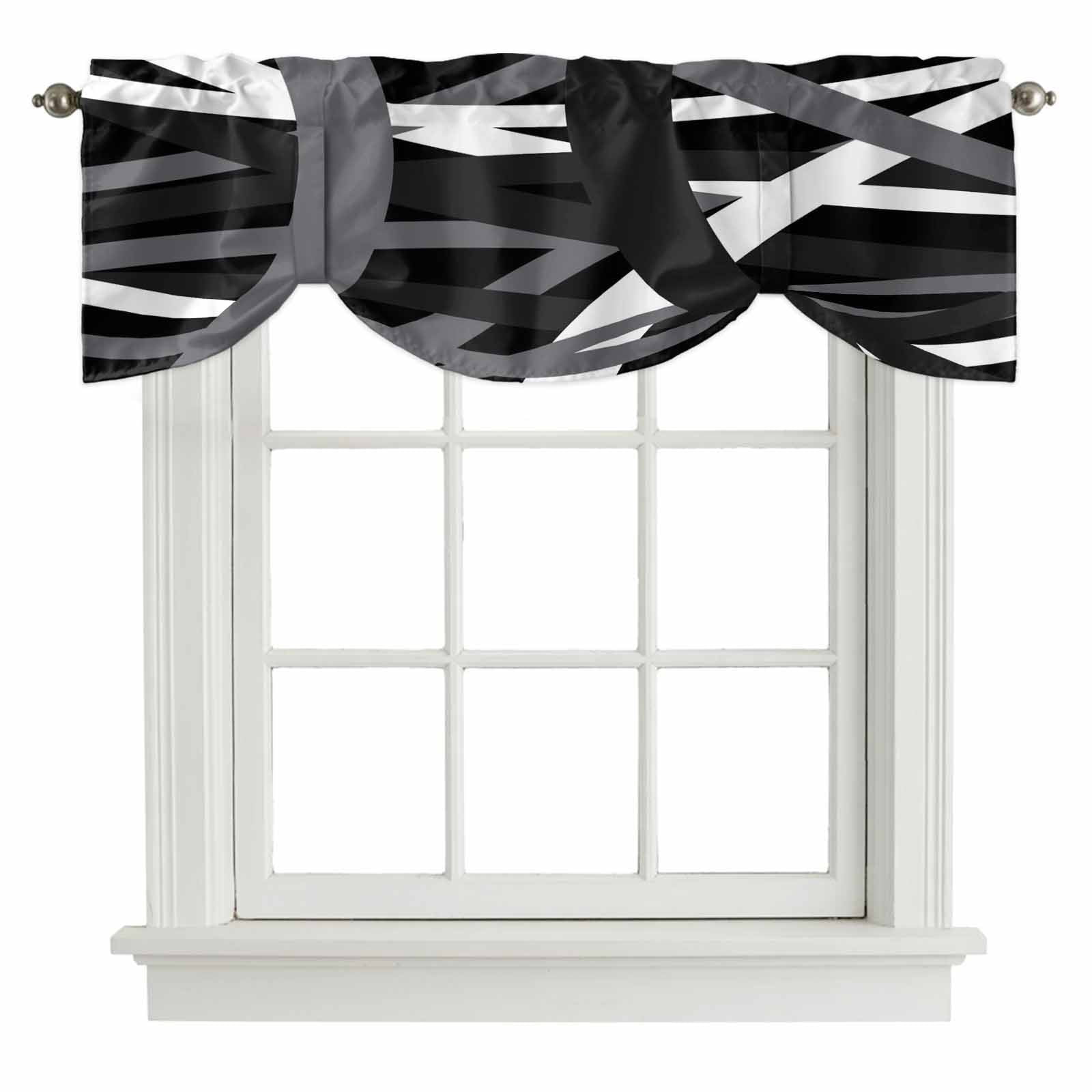 Abstract Art Tie Up Valance Curtains White Black Gray Line Modern ...