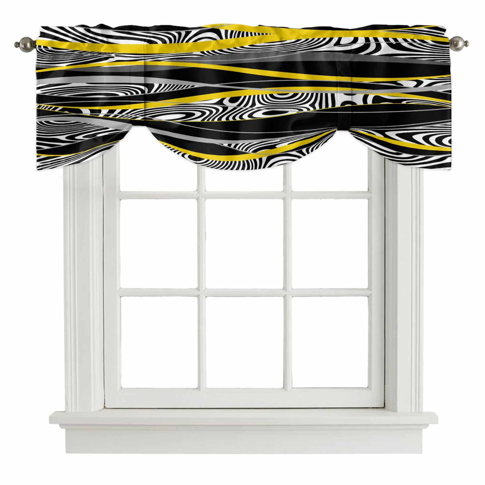 Abstract Art Tie Up Valance Curtains Yellow Black Gray Lines ...