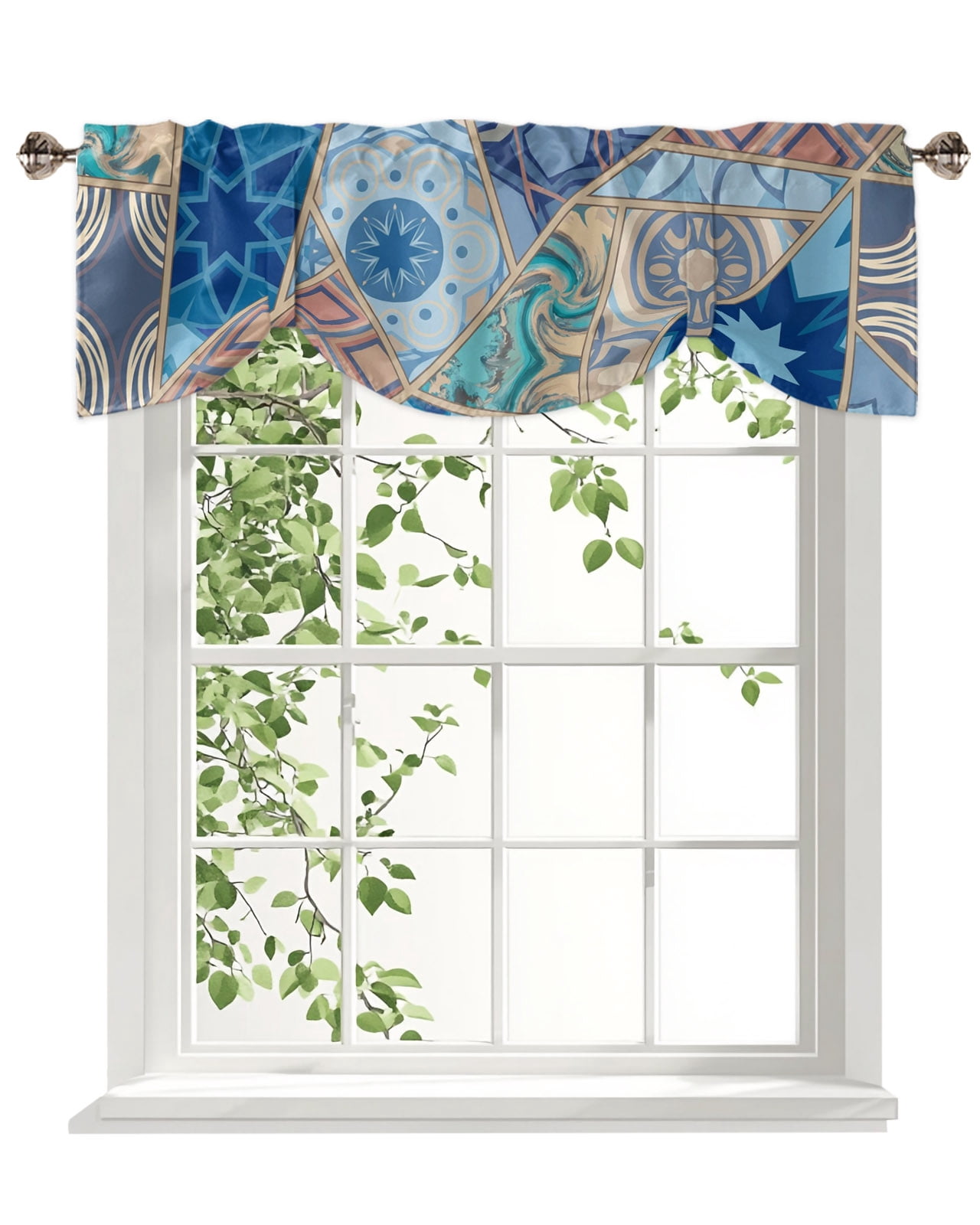 Abstract Art Tie Up Valances Curtain, Orange Blue Geometric Flower Line ...