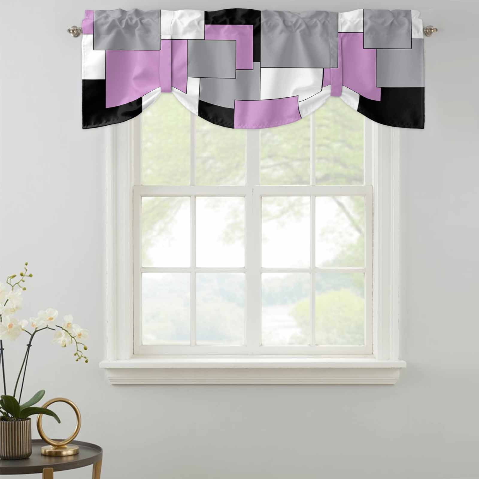 Abstract Art Tie Up Valances Curtain, Patchwork Pink Black and Grey ...