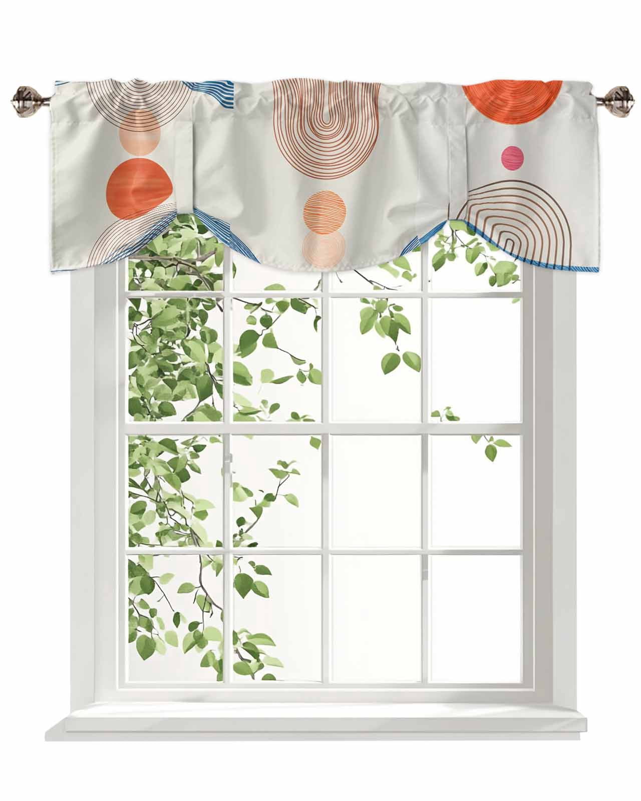 Abstract Art Tie Up Valances Curtain, Sunset Orange Blue Line Circle ...