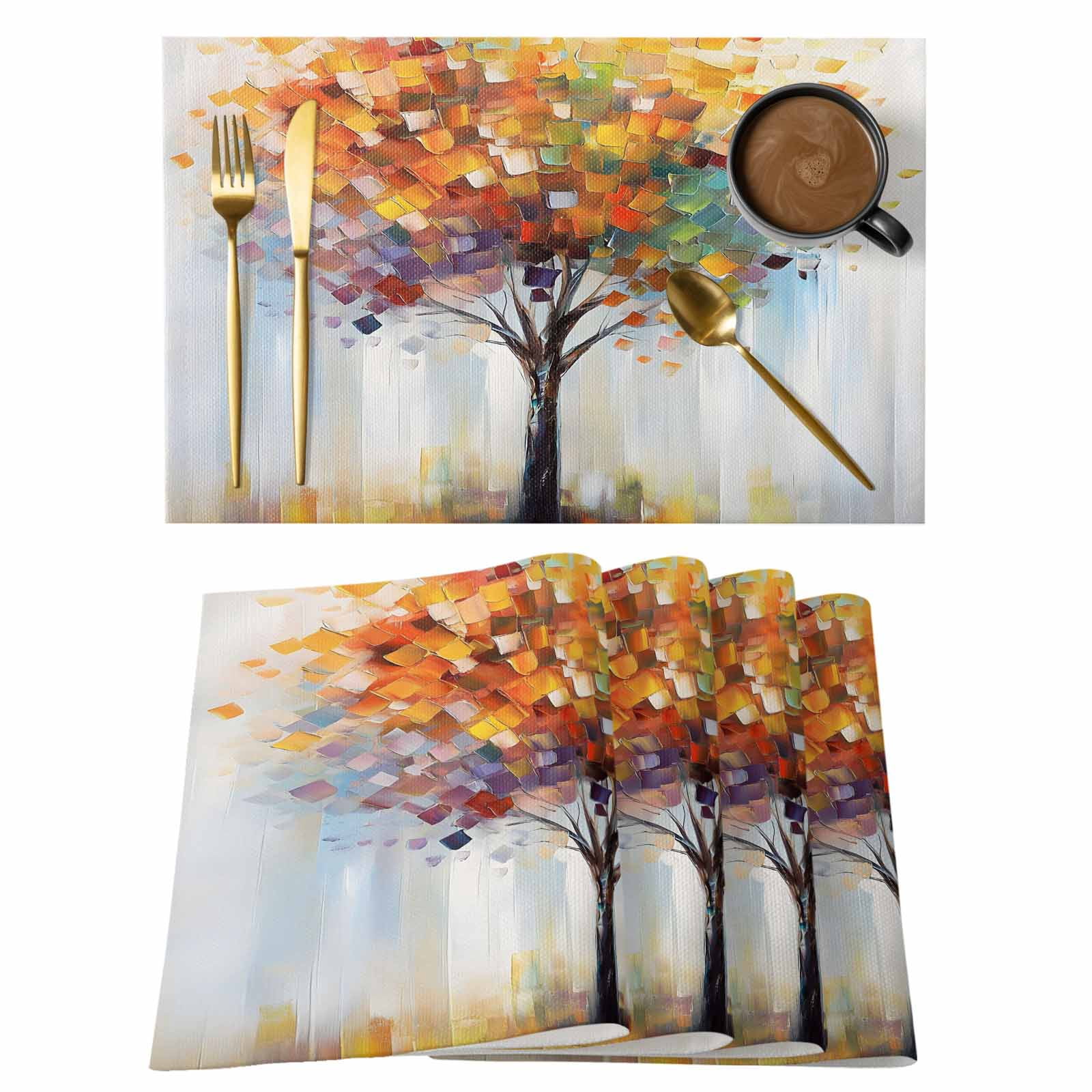 Abstract Art Tree Placemats Set of 12 Modern Fall Oil Painting Tree ...