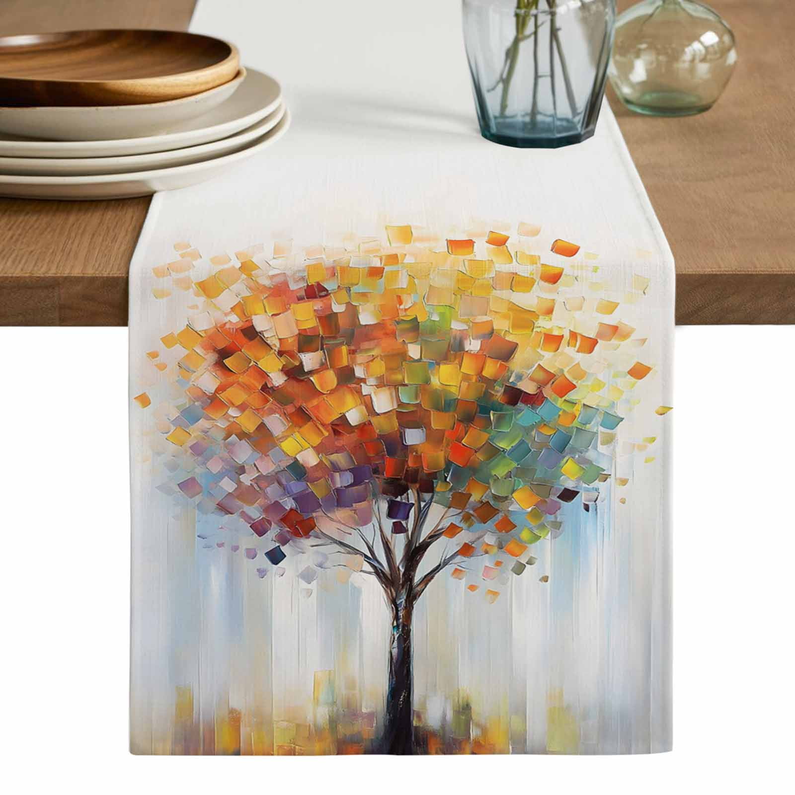 Abstract Art Tree Table Runner, Modern Fall Oil Painting Tree Autumn ...