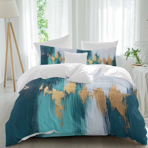 Abstract Art Twin Duvet Cover Set, Green Gold Mottled Texture Oil ...