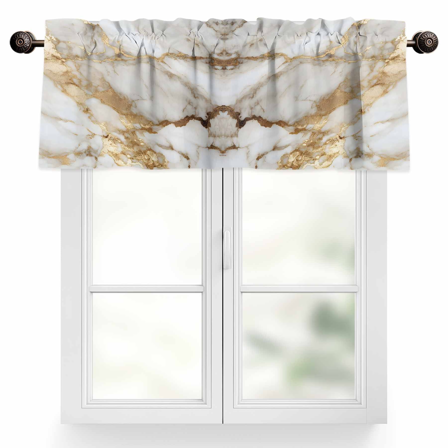 Abstract Art Valances for Windows, 60 x 18in, White Marble Pattern Gold ...