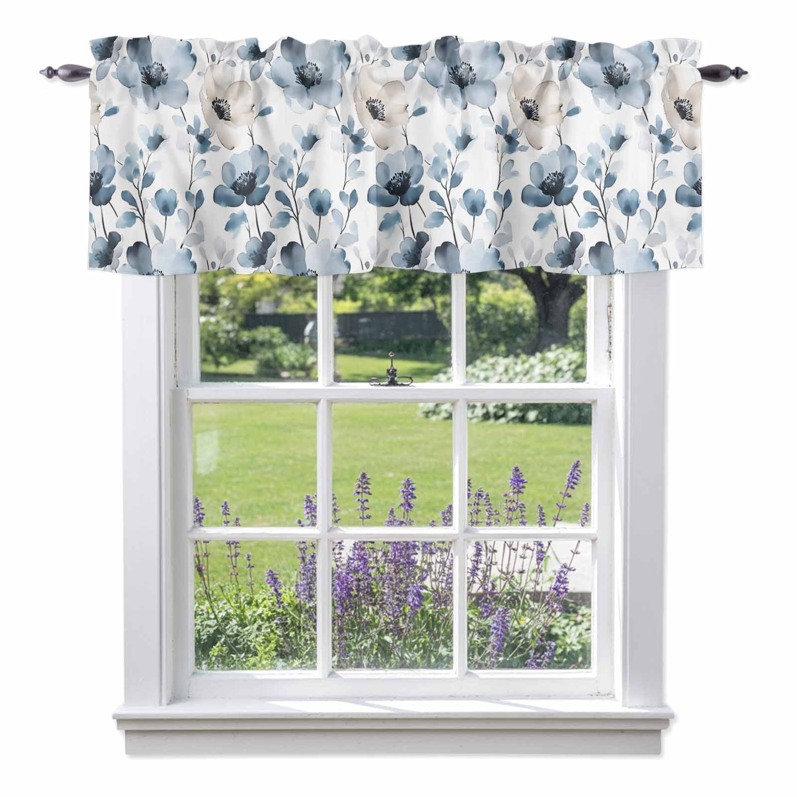 Abstract Art Valances for Windows, Blue Brown Watercolor Flowers Petals ...