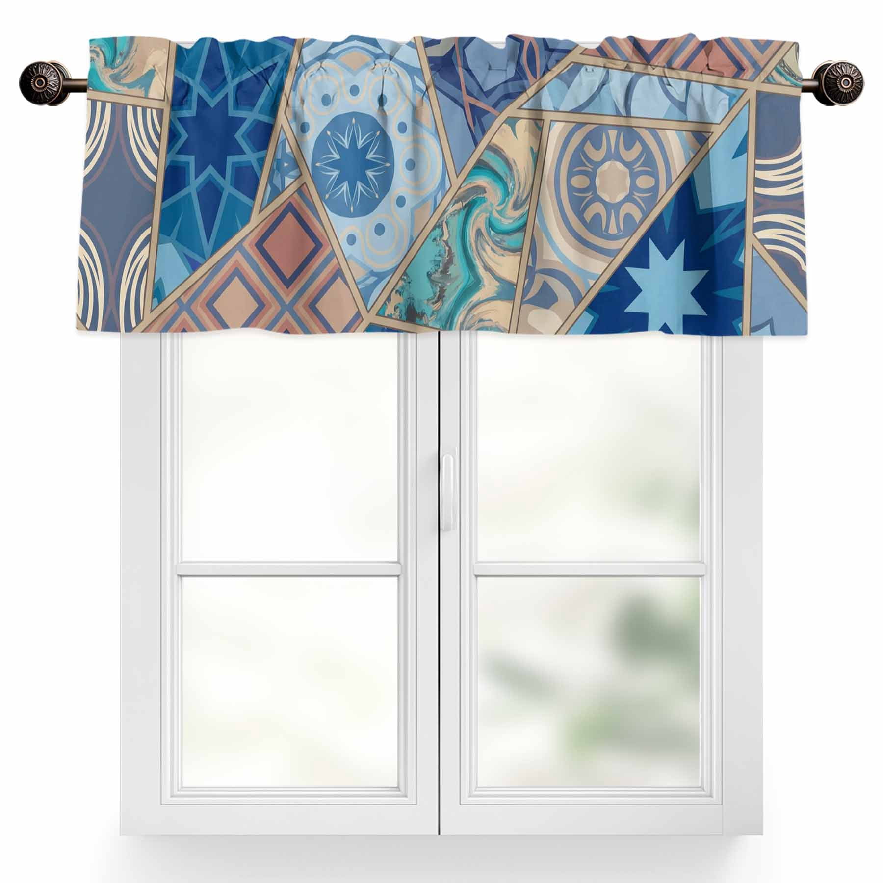 Abstract Art Valances for Windows Orange Blue Geometric Flower Line ...