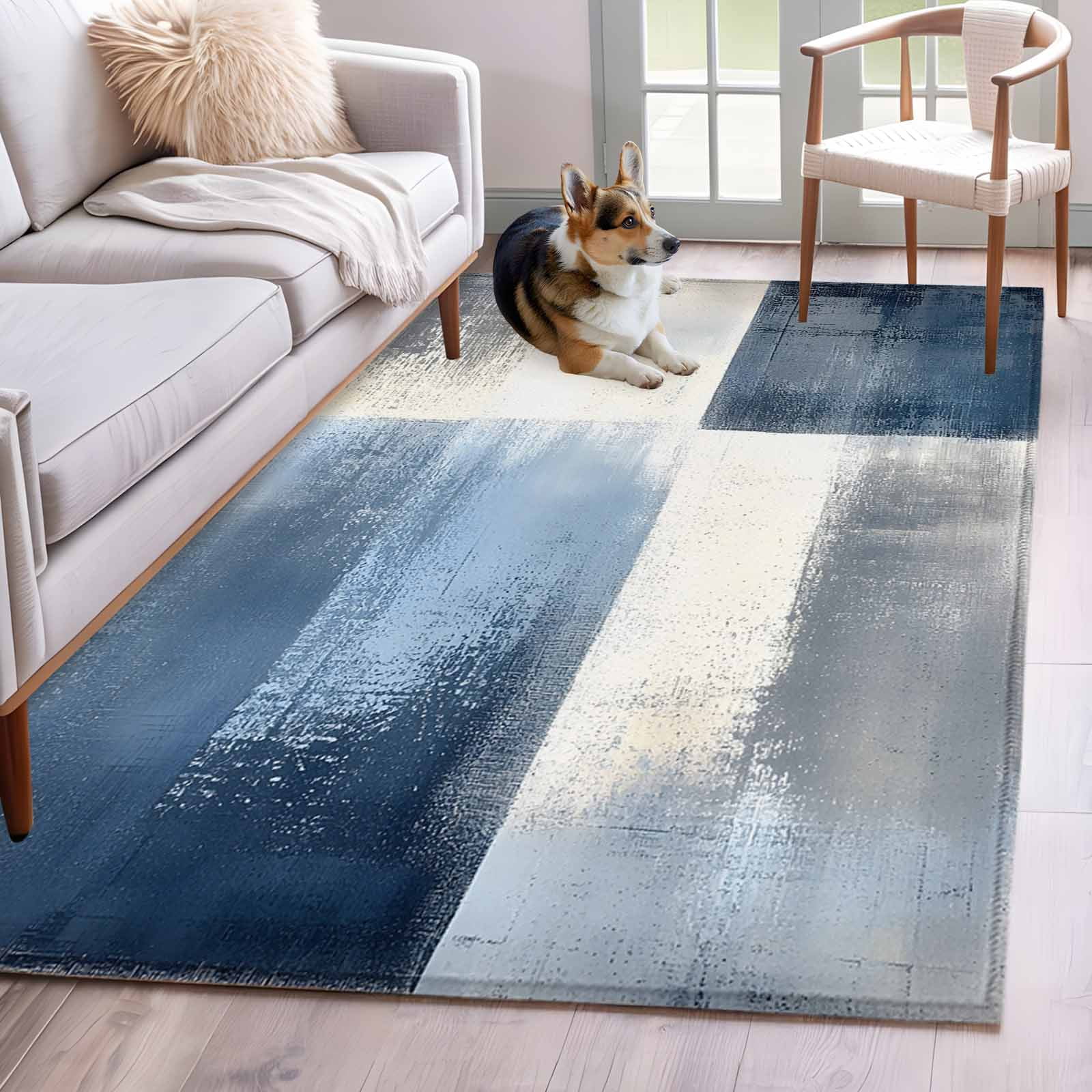 Abstract Art Washable Area Rug 3x5 111 Color Block Gary Blue Collage ...