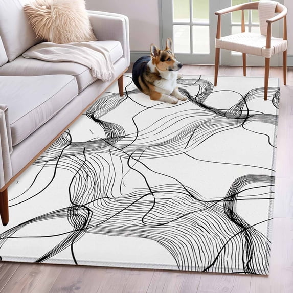 Abstract Art Washable Area Rug 4x6 Black and White Minimalist Line ...
