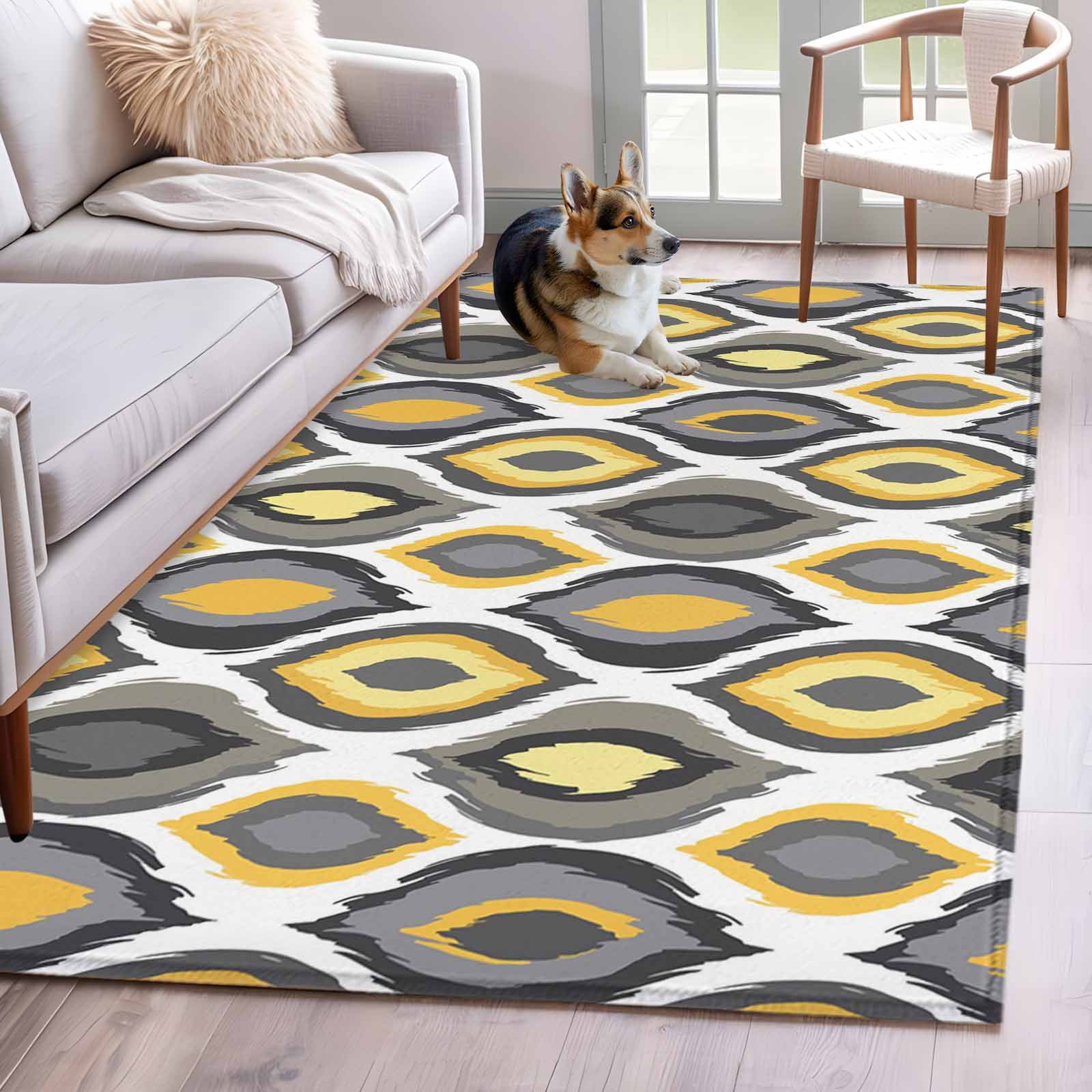 Abstract Art Washable Area Rug 4x6 Modern Diamond Patterns Yellow Grey ...