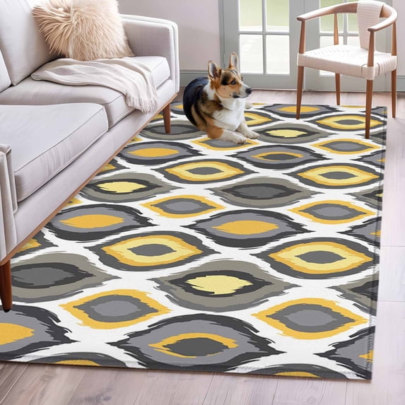Abstract Art Washable Area Rug 4x6 Modern Diamond Patterns Yellow Grey ...