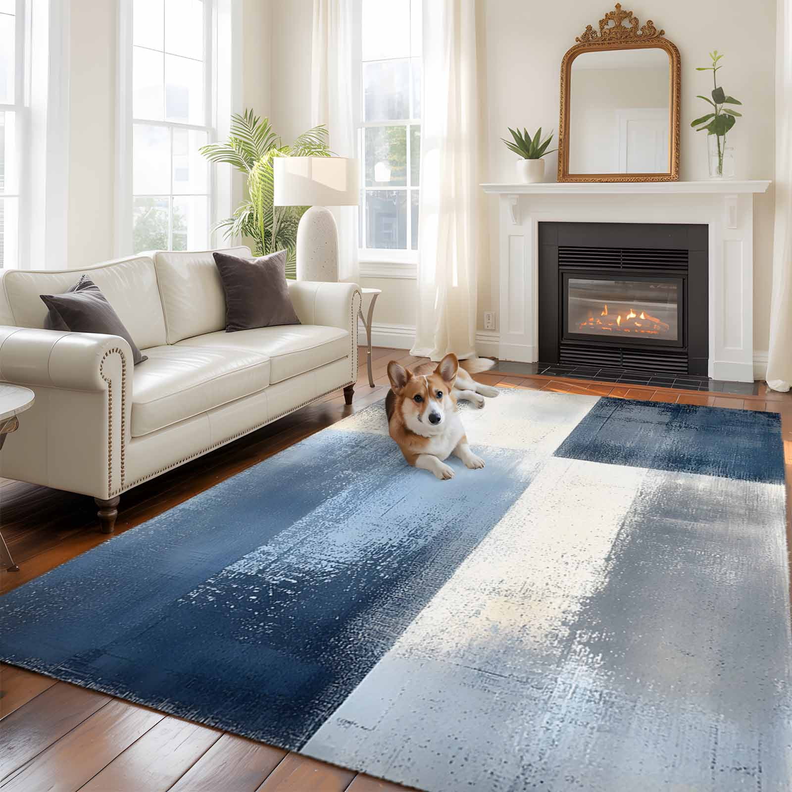 Abstract Art Washable Area Rug 5x7 111 Color Block Gary Blue Collage ...