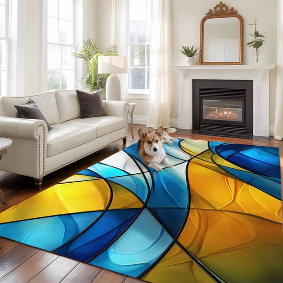 Abstract Art Washable Area Rug 5x7 Blue Yellow Gradient Wavy Lines ...