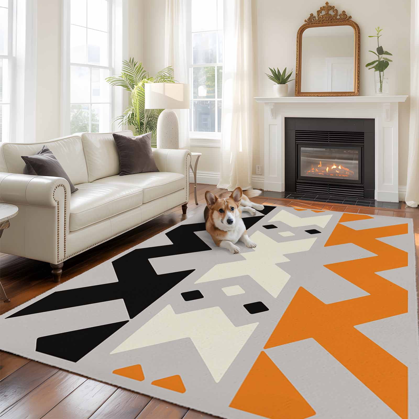 Abstract Art Washable Area Rug 6x9 Blue Black Orange Line Simple Gray ...
