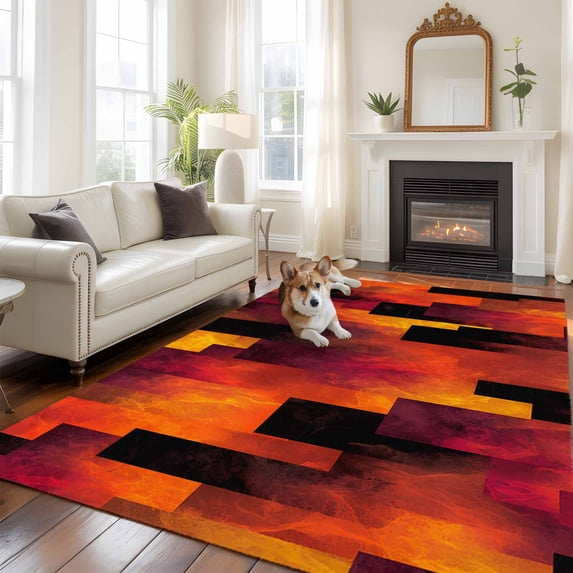 Abstract Art Washable Area Rug 6x9 Red Black Gradient Flames Vertical ...