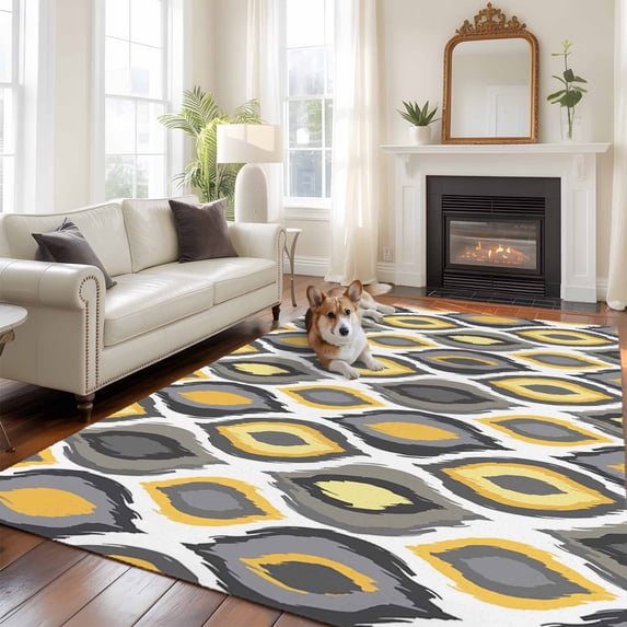 Abstract Art Washable Area Rug 8x10 Modern Diamond Patterns Yellow Grey ...