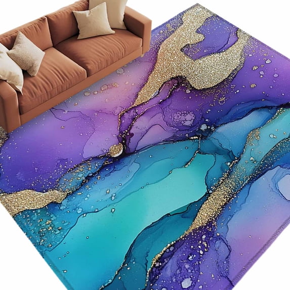 Abstract Art Washable Area Rug 8x10 Purple Gold Gradient Marble Texture ...