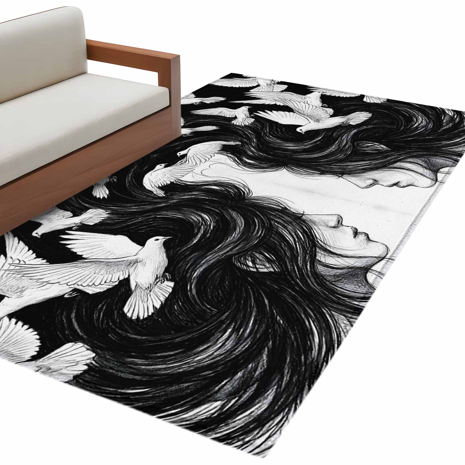 Abstract Art Washable Area Rugs 3'x5', Black and White Pigeon Woman ...