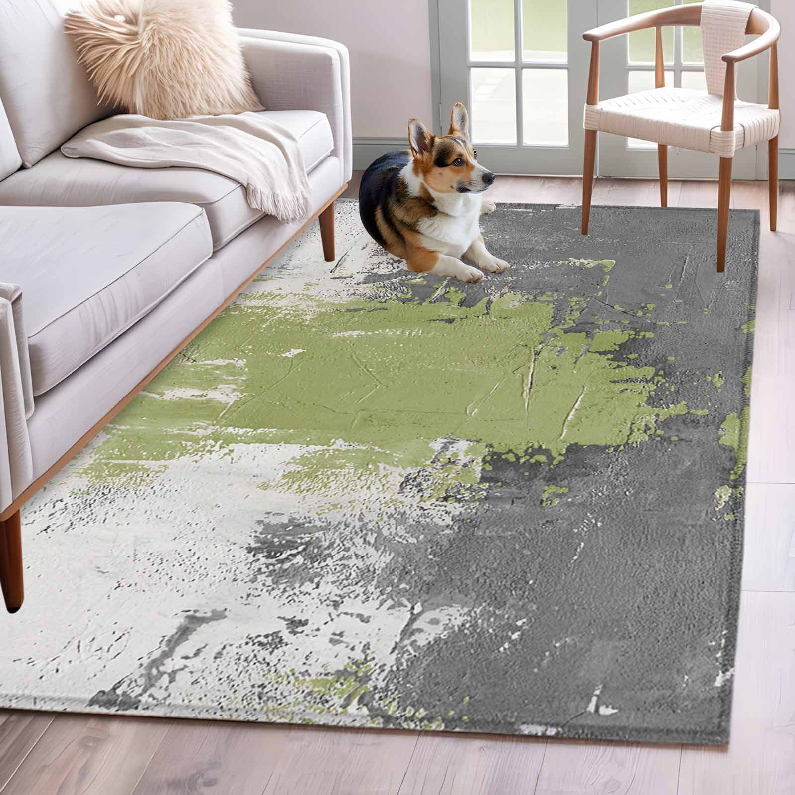 Abstract Art Washable Area Rugs 3'x5', Green Grey Wall Mottled Texture ...