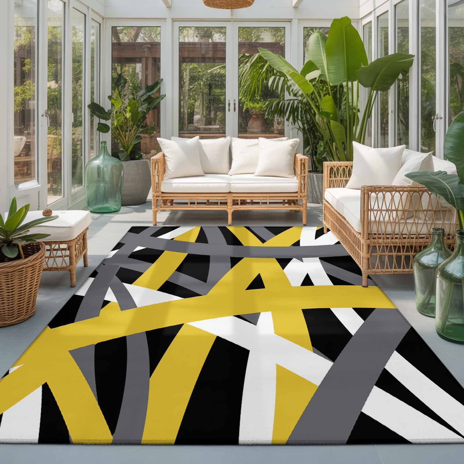 Abstract Art Washable Living Room Rugs 5'x8', Yellow White Black Gray ...