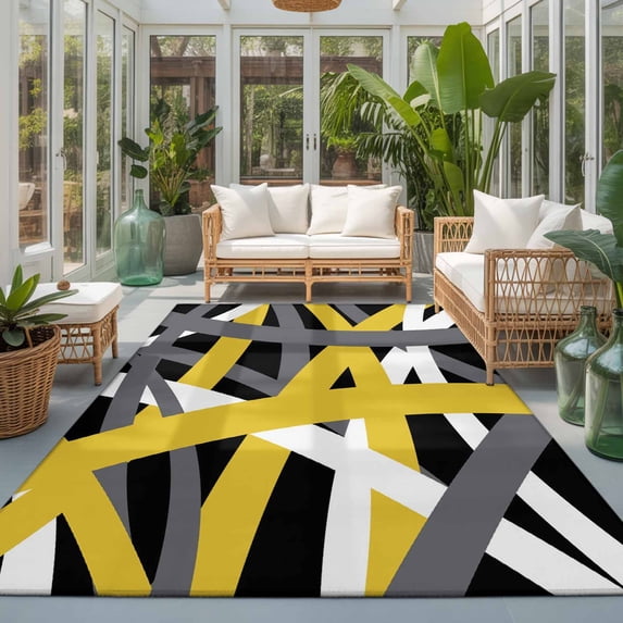 Abstract Art Washable Living Room Rugs 5'x8', Yellow White Black Gray ...