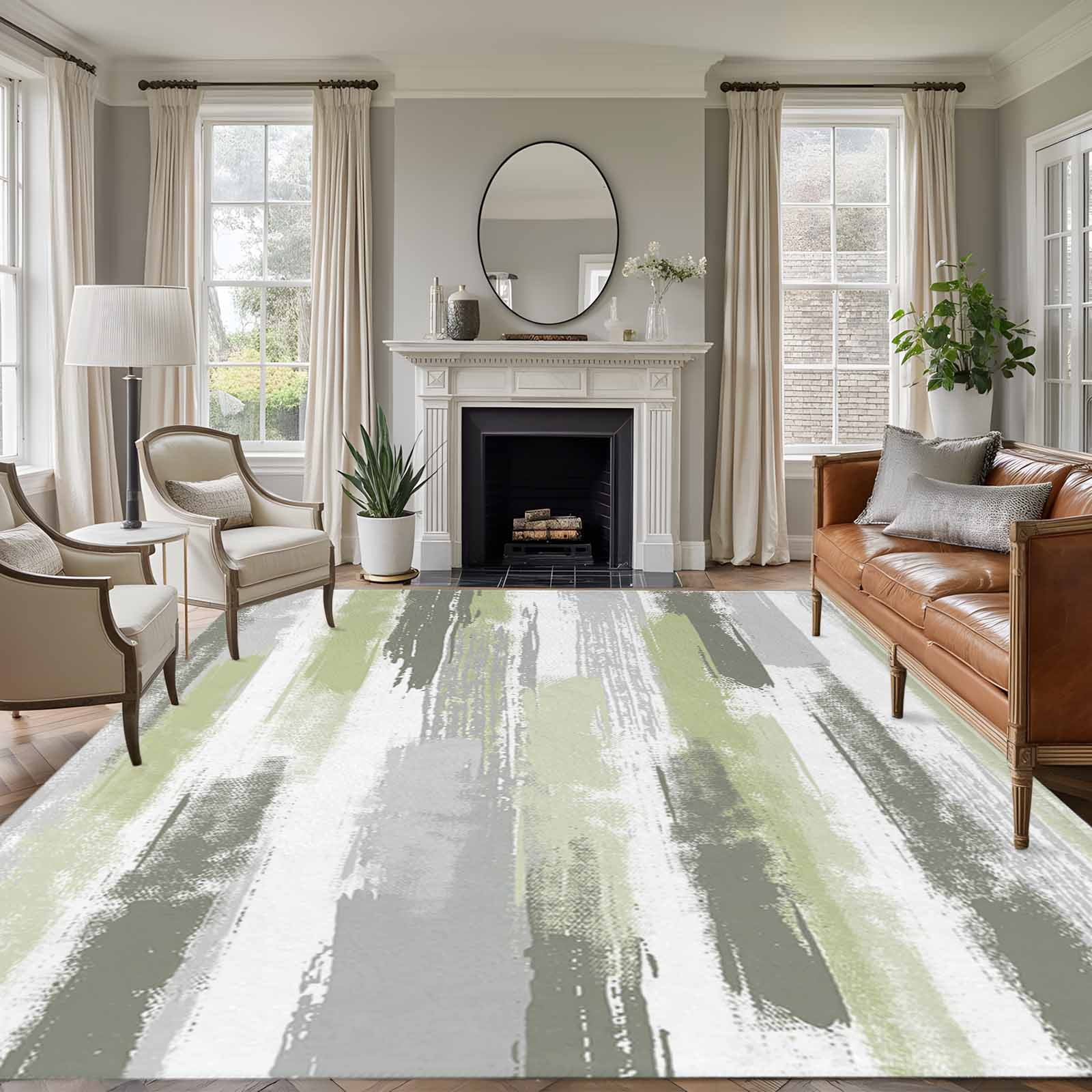 Abstract Art Washable Living Room Rugs 8'x10', Green Gray Mottled Color ...