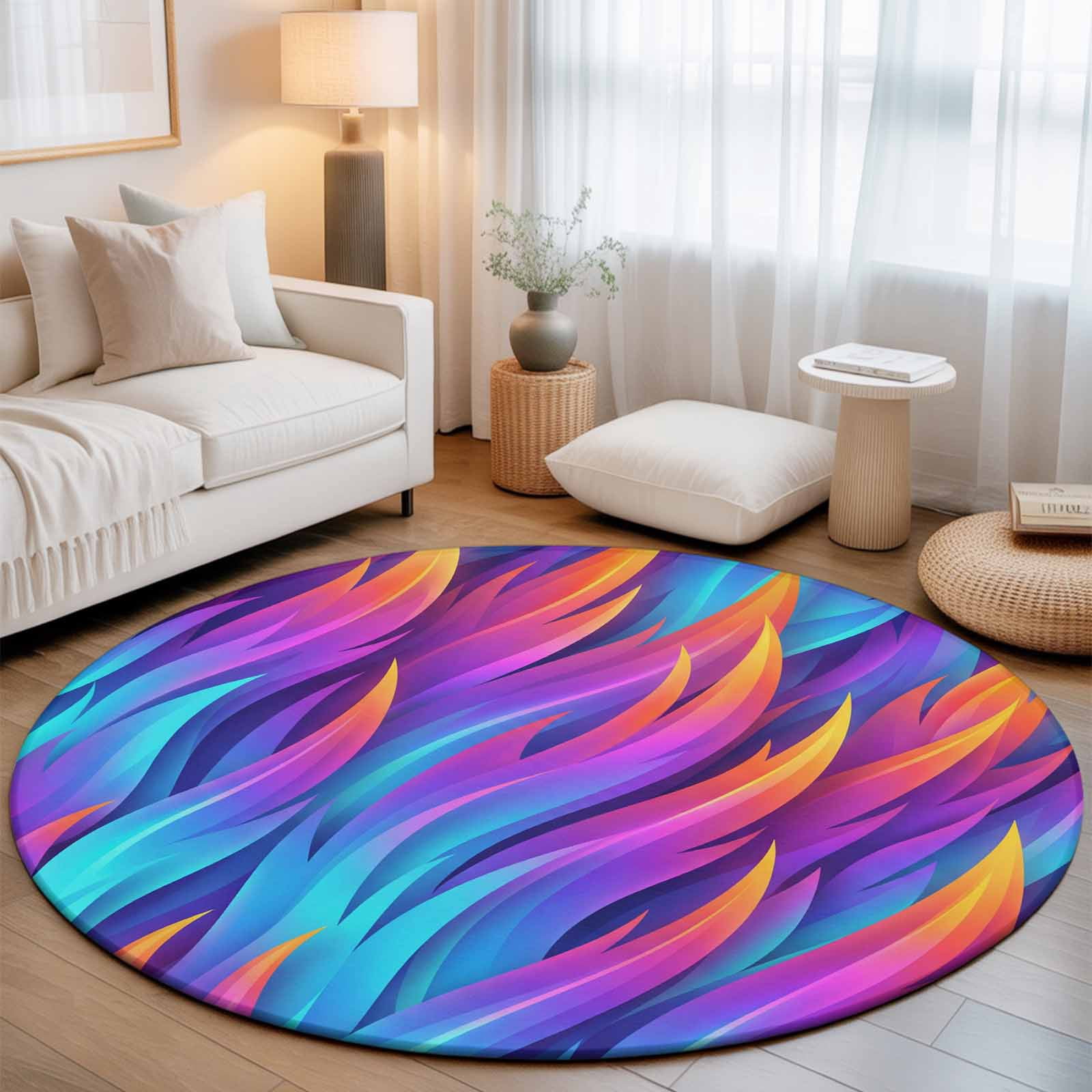 Abstract Art Washable Round Area Rug 3 ft, Blue Purple Yellow Gradient ...
