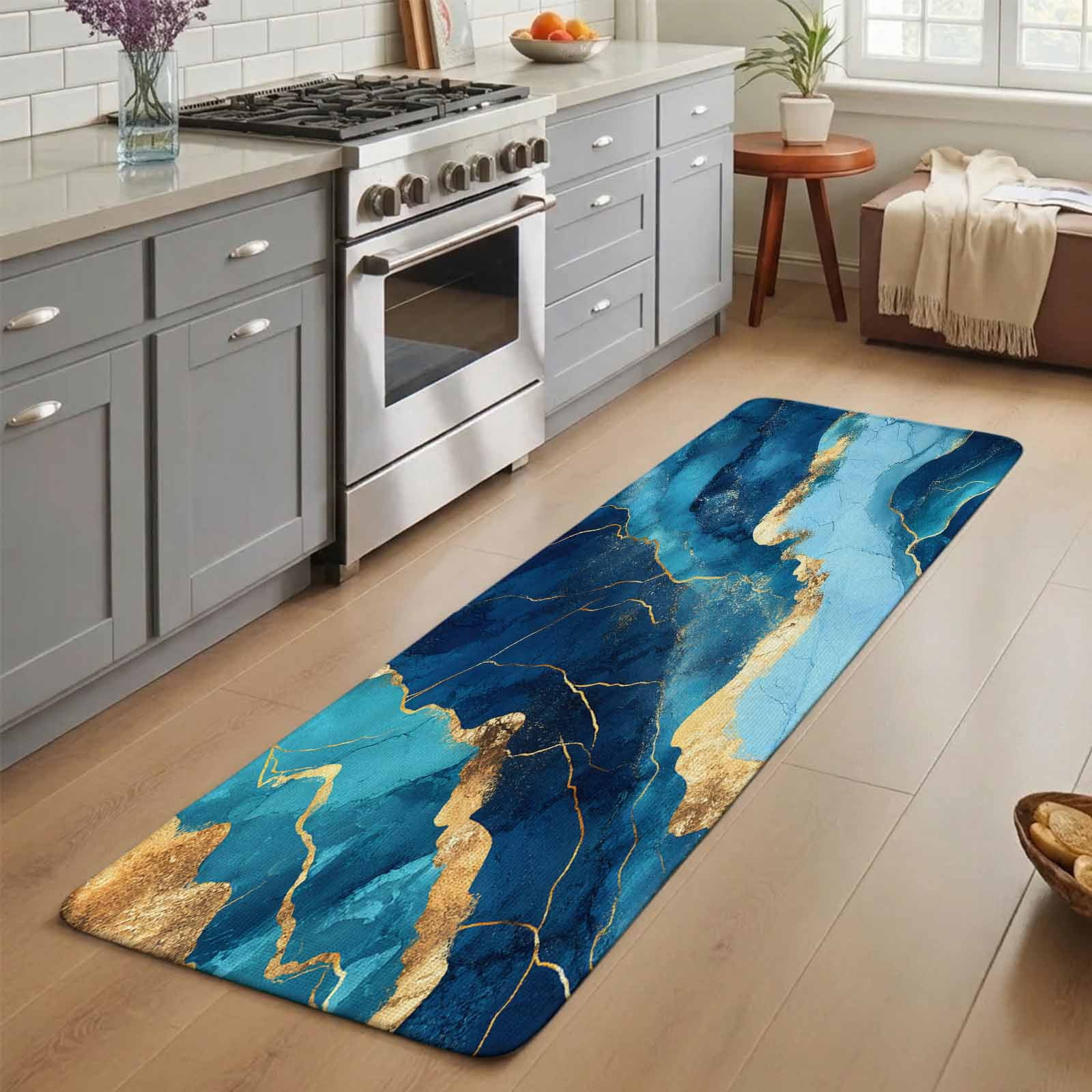 Abstract Art Washable Runner Rug 3X5 ft Water Ripple Gold Blue Gradient ...