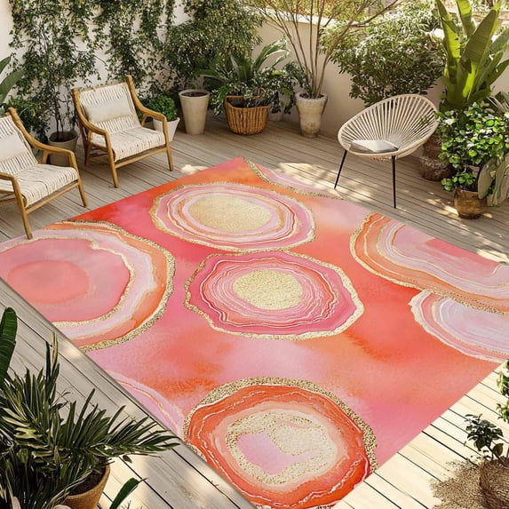 Abstract Art Water Ripple Outdoor Rug, Pink Marble Pattern Non-Slip ...