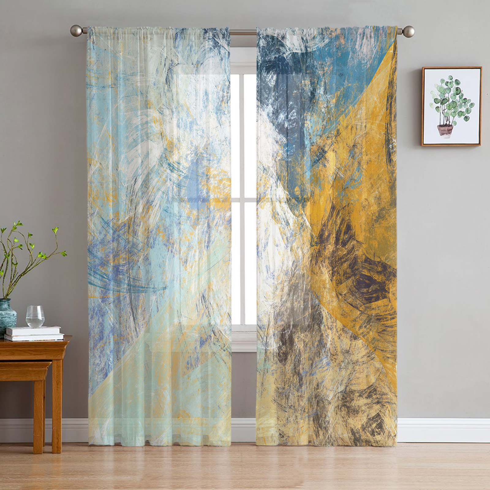 Abstract Art Watercolor Painting Vintage Sheer Curtains for Living Room ...