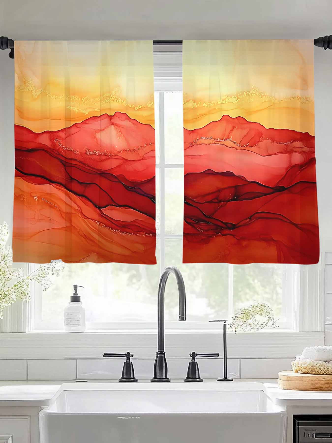 Abstract Art Watercolor Red Sunshine Sheer Curtains 54 Inches Long 2 ...