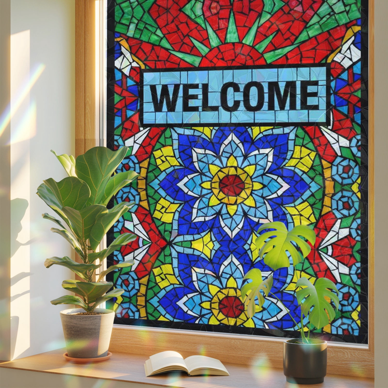 Abstract Art Welcome Window Privacy Film Rainbow Static Cling Stain ...