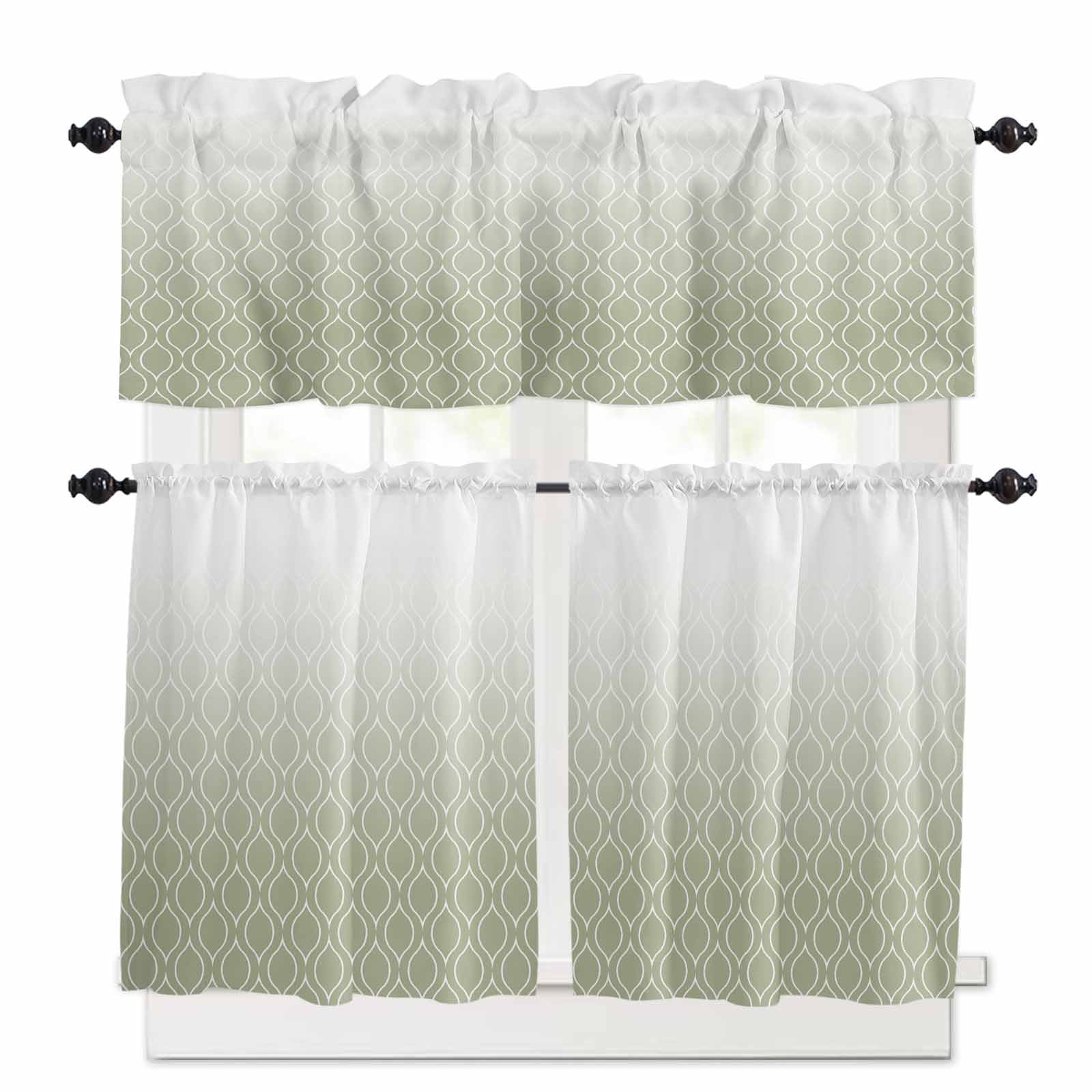 Abstract Art Window Curtains Valance Set of 3 Classic Green Line ...