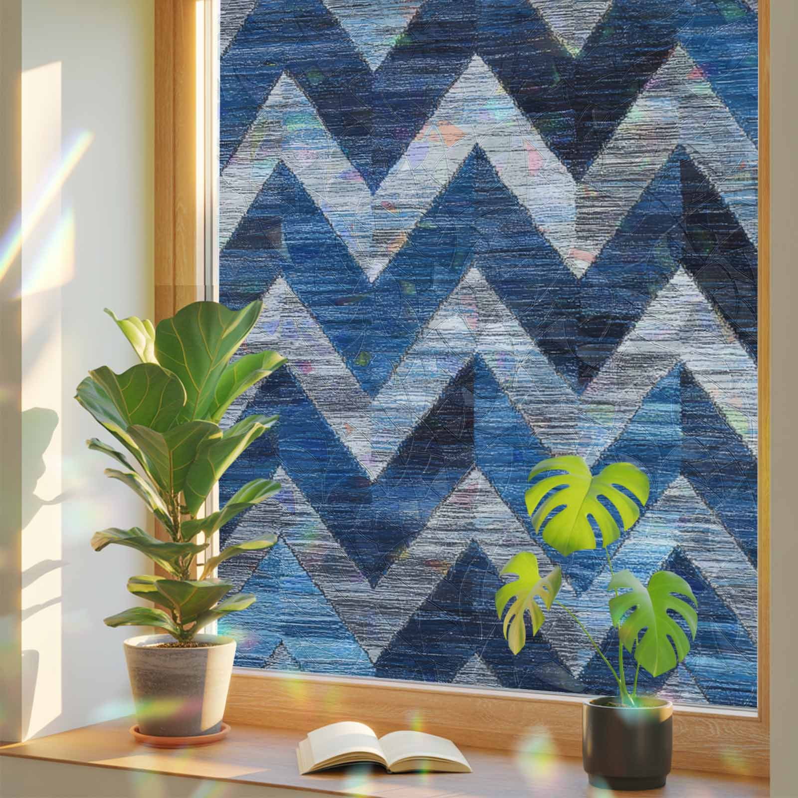 Abstract Art Window Privacy Film, Blue White Gray Geometric Vintage ...