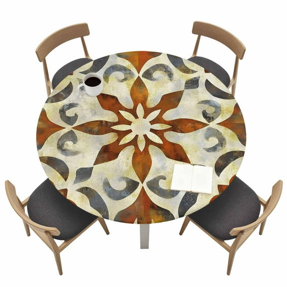 Abstract Art Yellow Flowers Round Fitted Tablecloth with Elastic Edge ...