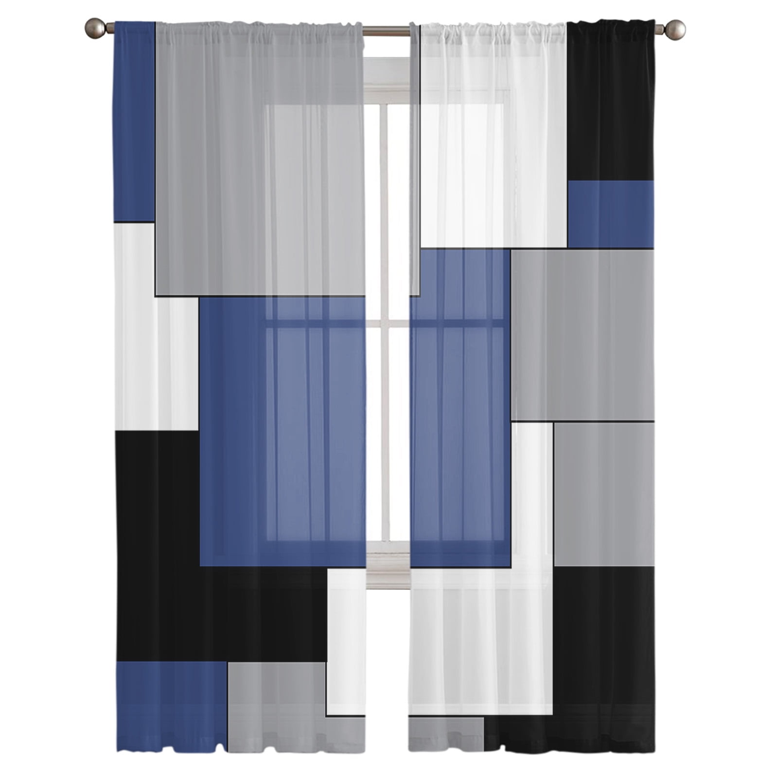 Abstract Art of Navy Mosaic Color Blocks Sheer Curtains for Living Room ...