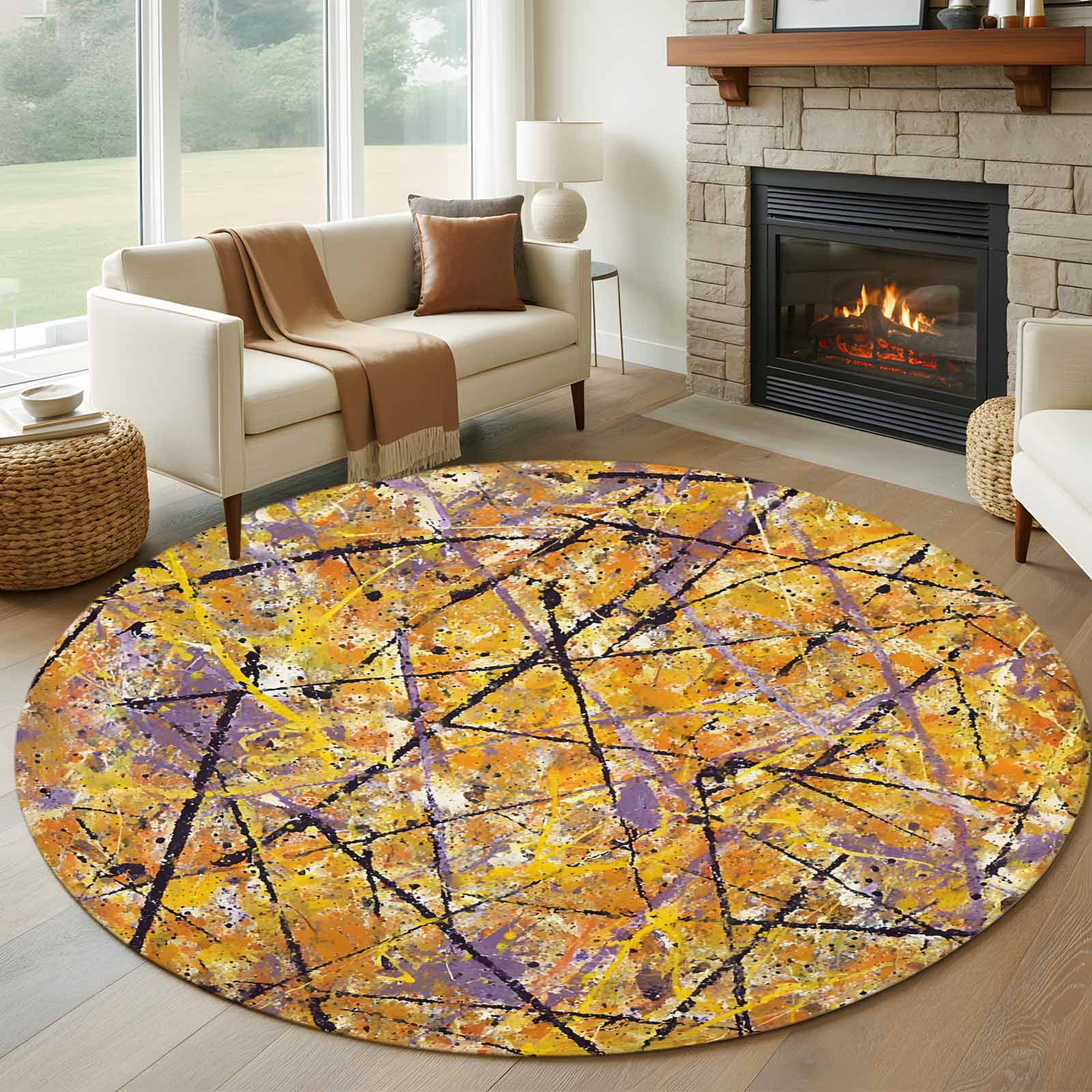 Abstract Artistic 7FT Round Area Rugs for Living Room Yellow Ink ...