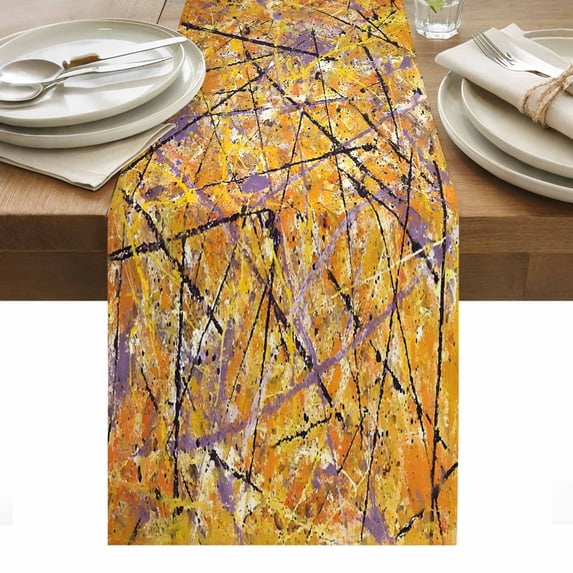 Abstract Artistic Cotton Linen Table Runner Yellow Ink Splashes Black ...