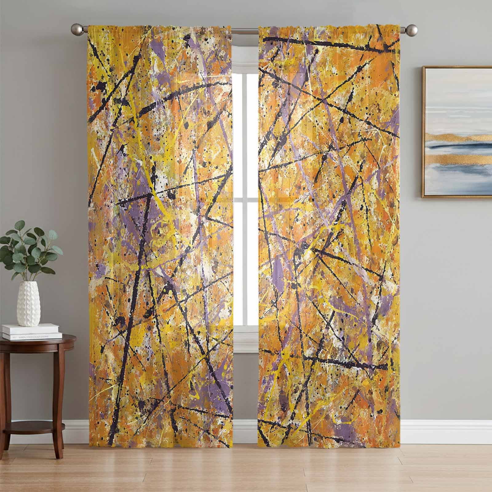 Abstract Artistic Sheer Curtains for Living Room Bedroom, Yellow Ink ...